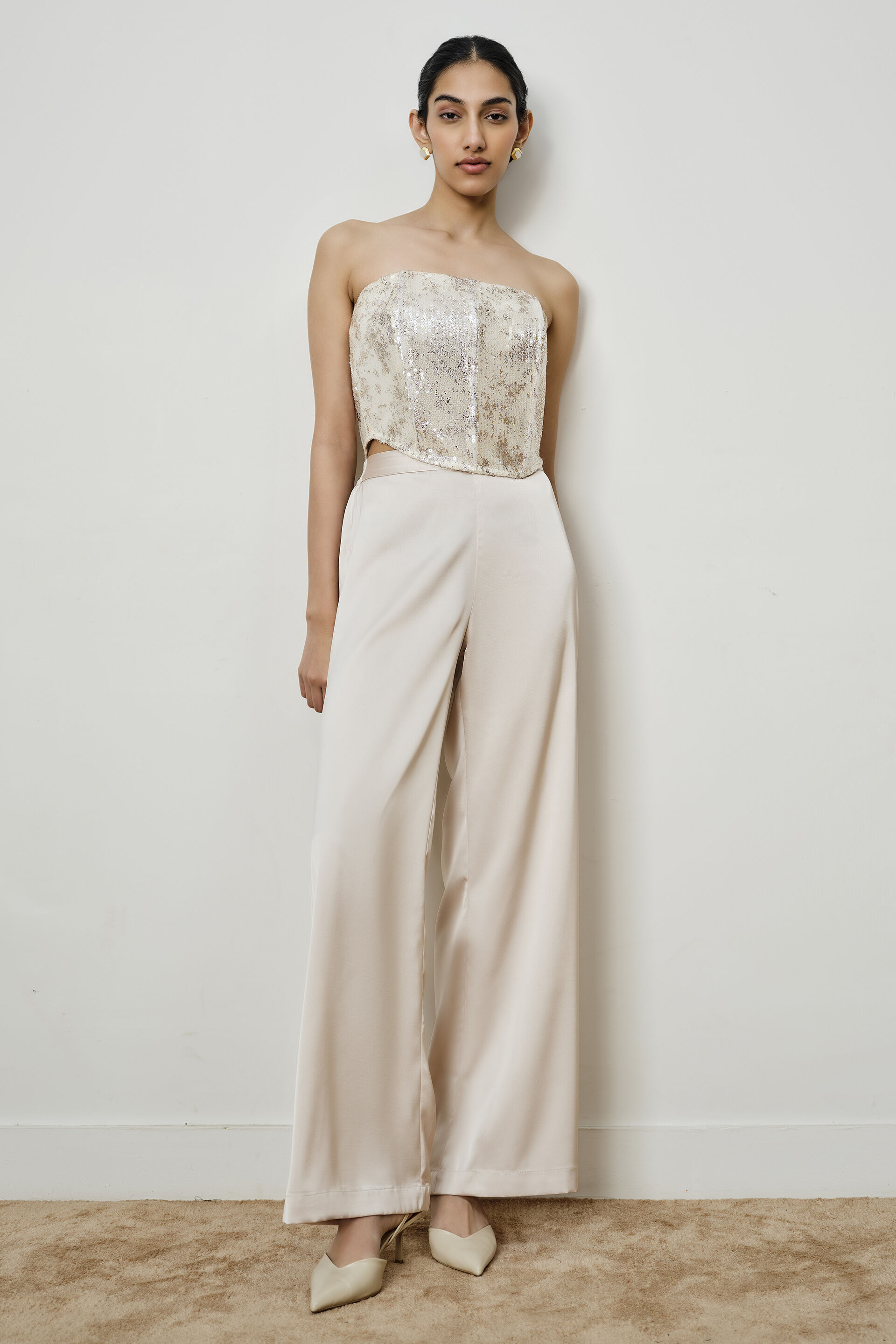 Buy Shimmery Champagne Wide-Leg Pants Online for Women from AND India ...
