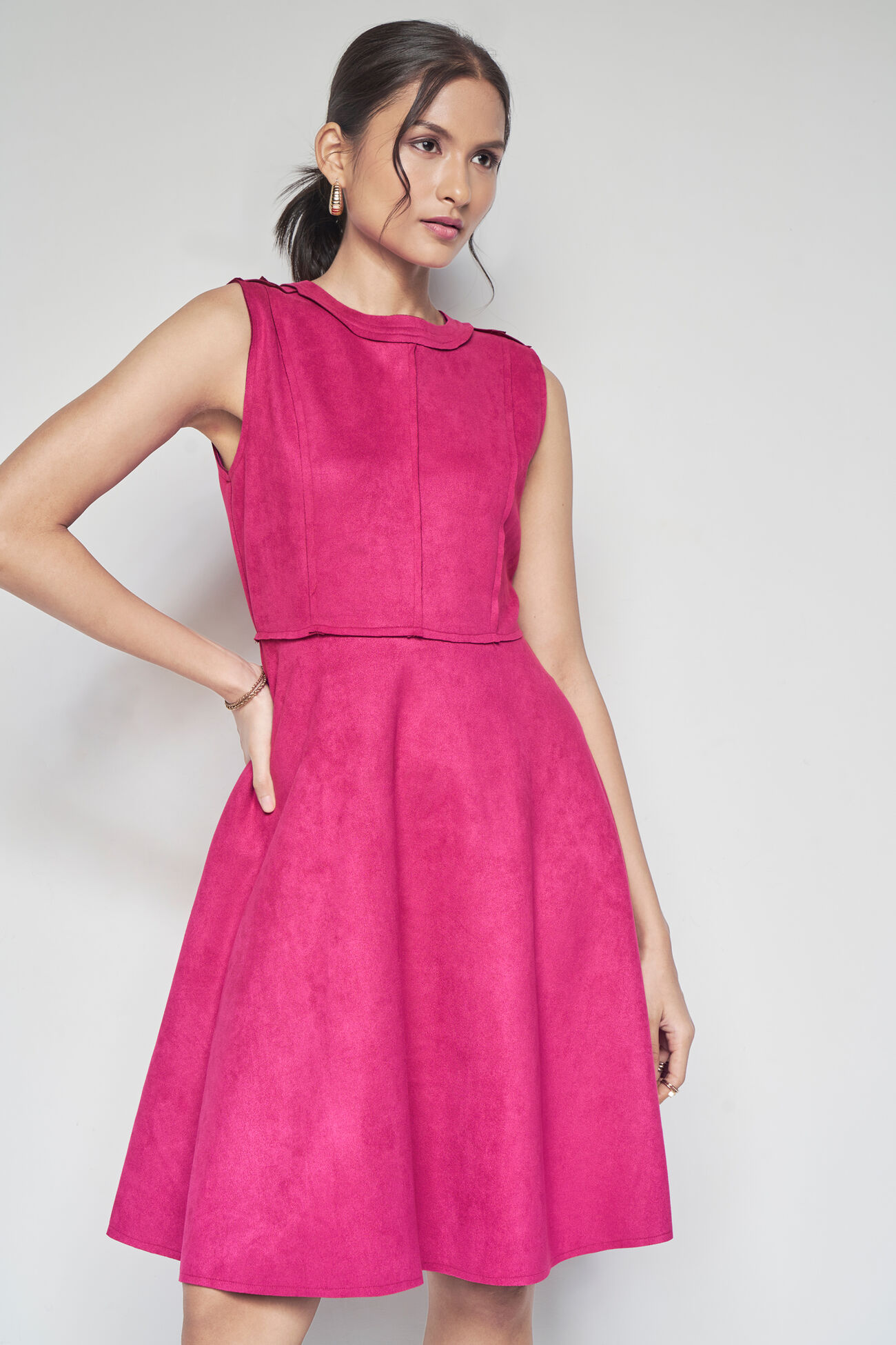 Buy our Dark Pink Solid Flared Dress online from ANDIndia SC- F23AB016DRSDE